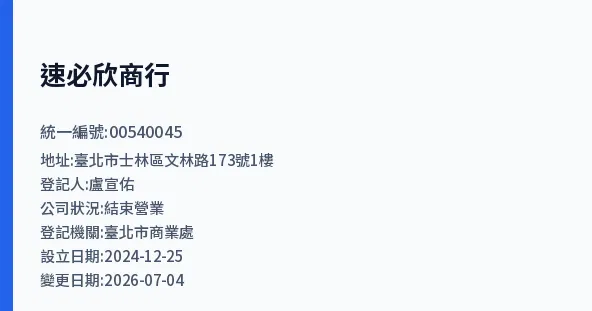 速必欣商行的照片-統編 00540045(臺北市) 公司登記資料與營業項目詳細圖表