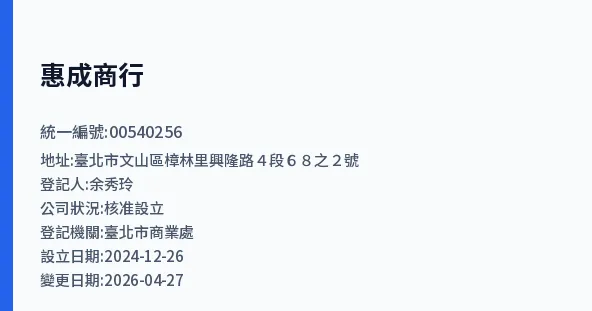 惠成商行的照片-統編 00540256(臺北市) 公司登記資料與營業項目詳細圖表
