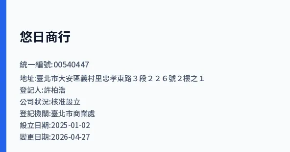 悠日商行的照片-統編 00540447(臺北市) 公司登記資料與營業項目詳細圖表