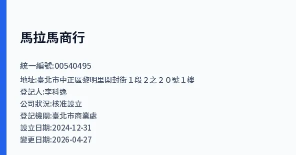 馬拉馬商行的照片-統編 00540495(臺北市) 公司登記資料與營業項目詳細圖表