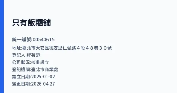 只有飯糰舖的照片-統編 00540615(臺北市) 公司登記資料與營業項目詳細圖表