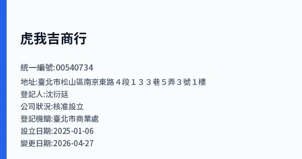虎我吉商行的照片-統編 00540734(臺北市) 公司登記資料與營業項目詳細圖表