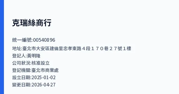 克瑞絲商行的照片-統編 00540896(臺北市) 公司登記資料與營業項目詳細圖表
