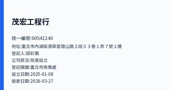 茂宏工程行的照片-統編 00541240(臺北市) 公司登記資料與營業項目詳細圖表