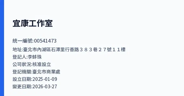 宜康工作室的照片-統編 00541473(臺北市) 公司登記資料與營業項目詳細圖表