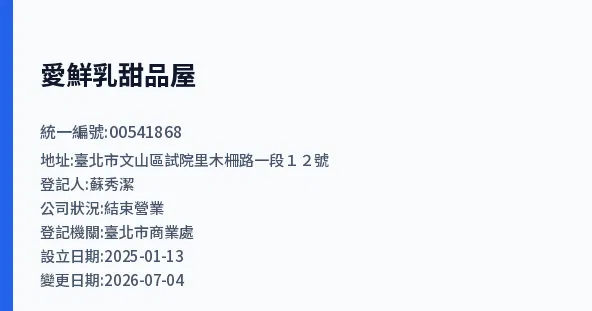 愛鮮乳甜品屋的照片-統編 00541868(臺北市) 公司登記資料與營業項目詳細圖表