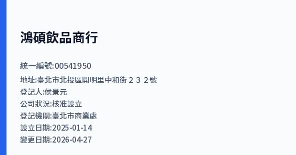 鴻碩飲品商行的照片-統編 00541950(臺北市) 公司登記資料與營業項目詳細圖表
