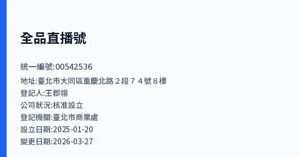 全品直播號的照片-統編 00542536(臺北市) 公司登記資料與營業項目詳細圖表