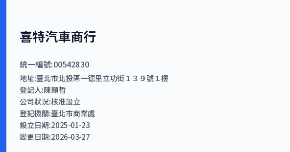 喜特汽車商行的照片-統編 00542830(臺北市) 公司登記資料與營業項目詳細圖表