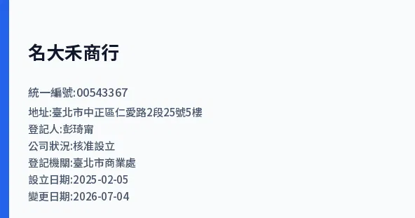 名大禾商行的照片-統編 00543367(臺北市) 公司登記資料與營業項目詳細圖表