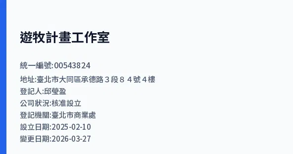 遊牧計畫工作室的照片-統編 00543824(臺北市) 公司登記資料與營業項目詳細圖表