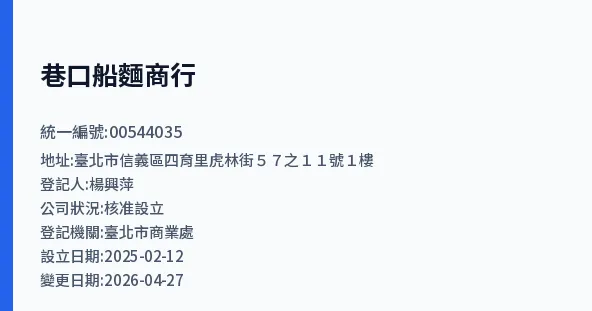 巷口船麵商行的照片-統編 00544035(臺北市) 公司登記資料與營業項目詳細圖表