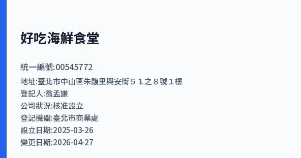 好吃海鮮食堂的照片-統編 00545772(臺北市) 公司登記資料與營業項目詳細圖表
