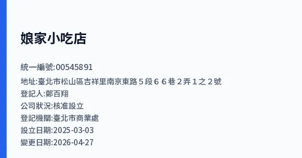 娘家小吃店的照片-統編 00545891(臺北市) 公司登記資料與營業項目詳細圖表