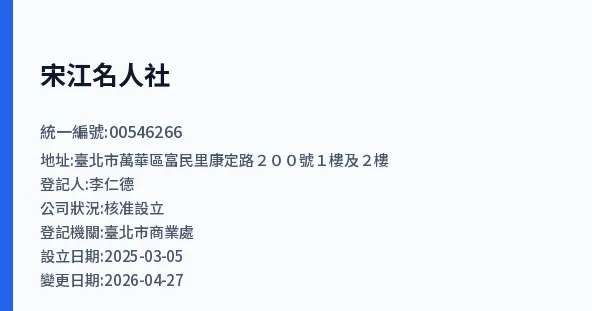 宋江名人社的照片-統編 00546266(臺北市) 公司登記資料與營業項目詳細圖表