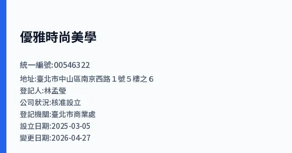 優雅時尚美學的照片-統編 00546322(臺北市) 公司登記資料與營業項目詳細圖表