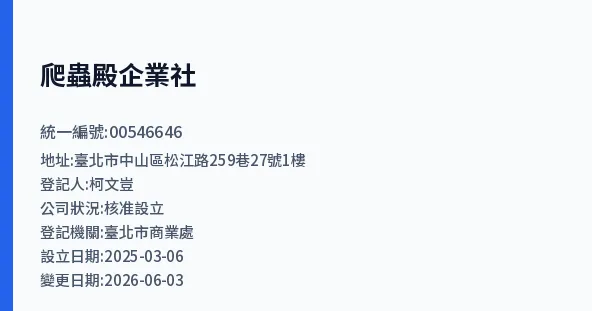 爬蟲殿企業社的照片-統編 00546646(臺北市) 公司登記資料與營業項目詳細圖表