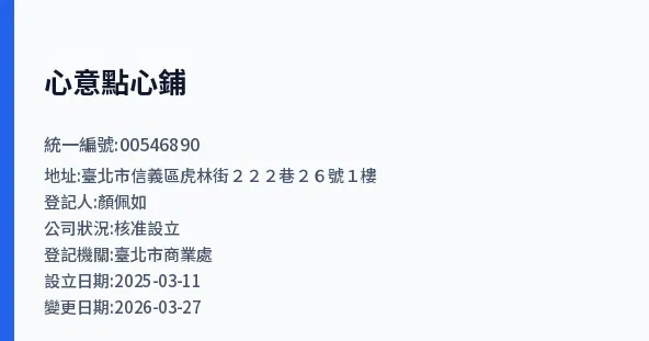心意點心鋪的照片-統編 00546890(臺北市) 公司登記資料與營業項目詳細圖表