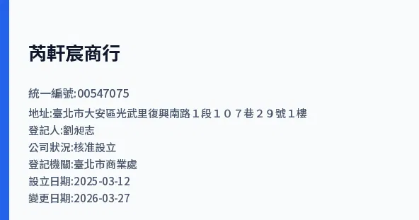 芮軒宸商行的照片-統編 00547075(臺北市) 公司登記資料與營業項目詳細圖表