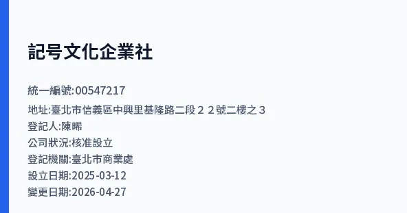記号文化企業社的照片-統編 00547217(臺北市) 公司登記資料與營業項目詳細圖表