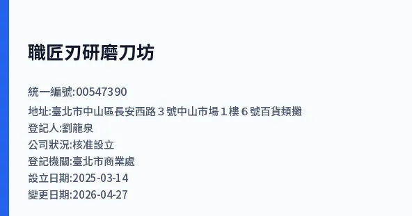 職匠刃研磨刀坊的照片-統編 00547390(臺北市) 公司登記資料與營業項目詳細圖表