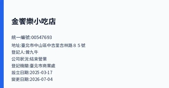 金饗樂小吃店的照片-統編 00547693(臺北市) 公司登記資料與營業項目詳細圖表