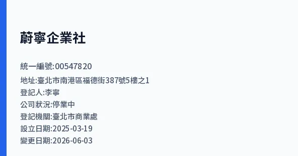 蔚寧企業社的照片-統編 00547820(臺北市) 公司登記資料與營業項目詳細圖表