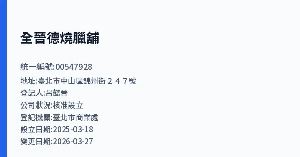 全晉德燒臘舖的照片-統編 00547928(臺北市) 公司登記資料與營業項目詳細圖表