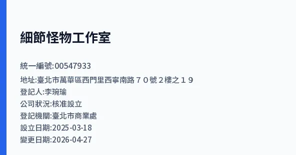 細節怪物工作室的照片-統編 00547933(臺北市) 公司登記資料與營業項目詳細圖表