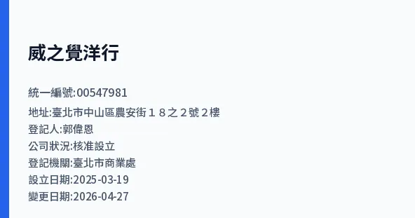 威之覺洋行的照片-統編 00547981(臺北市) 公司登記資料與營業項目詳細圖表