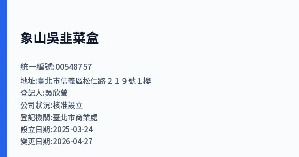 象山吳韭菜盒的照片-統編 00548757(臺北市) 公司登記資料與營業項目詳細圖表