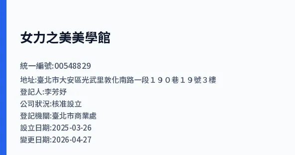 女力之美美學館的照片-統編 00548829(臺北市) 公司登記資料與營業項目詳細圖表