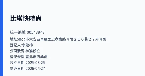 比塔快時尚的照片-統編 00548948(臺北市) 公司登記資料與營業項目詳細圖表