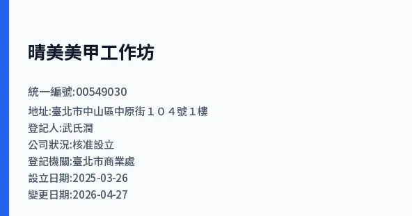 晴美美甲工作坊的照片-統編 00549030(臺北市) 公司登記資料與營業項目詳細圖表