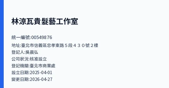 林涼瓦貴髮藝工作室的照片-統編 00549876(臺北市) 公司登記資料與營業項目詳細圖表