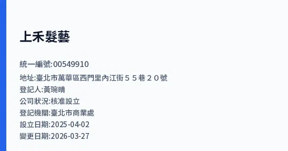 上禾髮藝的照片-統編 00549910(臺北市) 公司登記資料與營業項目詳細圖表