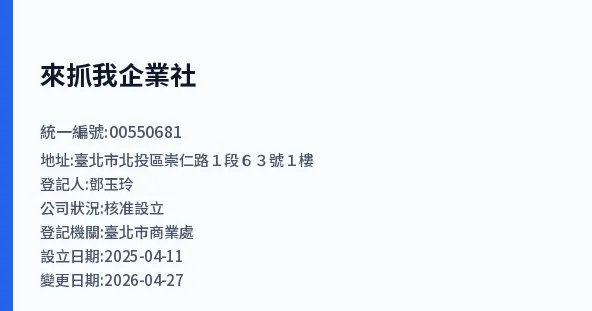 來抓我企業社的照片-統編 00550681(臺北市) 公司登記資料與營業項目詳細圖表