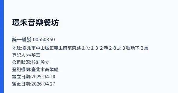 璟禾音樂餐坊的照片-統編 00550850(臺北市) 公司登記資料與營業項目詳細圖表