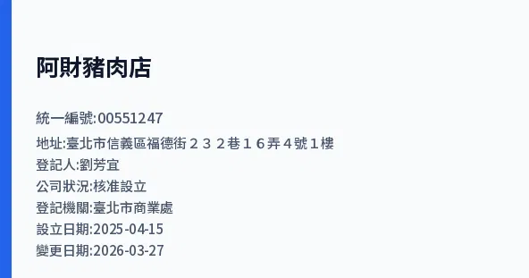 阿財豬肉店的照片-統編 00551247(臺北市) 公司登記資料與營業項目詳細圖表
