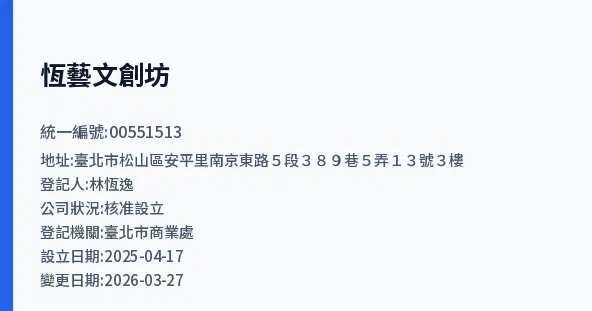 恆藝文創坊的照片-統編 00551513(臺北市) 公司登記資料與營業項目詳細圖表