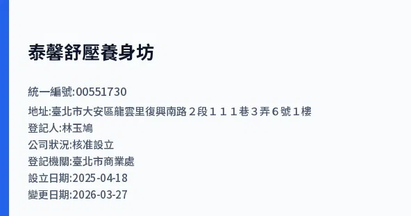 泰馨舒壓養身坊的照片-統編 00551730(臺北市) 公司登記資料與營業項目詳細圖表