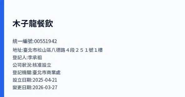 木子龍餐飲的照片-統編 00551942(臺北市) 公司登記資料與營業項目詳細圖表
