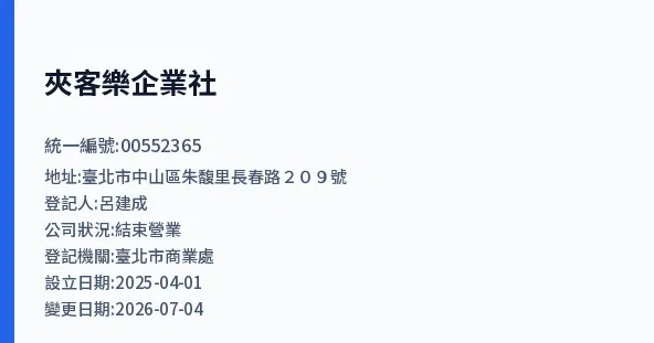 夾客樂企業社的照片-統編 00552365(臺北市) 公司登記資料與營業項目詳細圖表