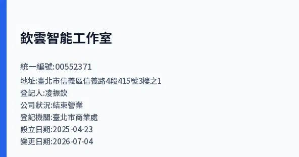 欽雲智能工作室的照片-統編 00552371(臺北市) 公司登記資料與營業項目詳細圖表