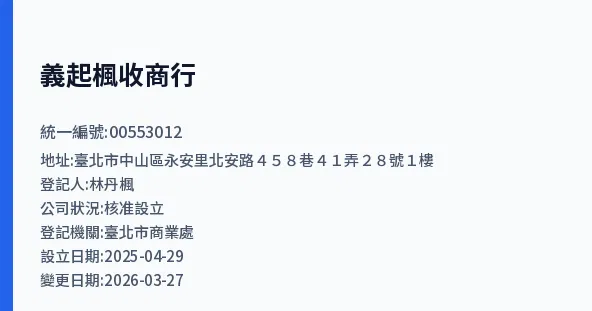 義起楓收商行的照片-統編 00553012(臺北市) 公司登記資料與營業項目詳細圖表