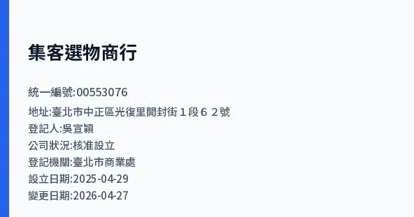 集客選物商行的照片-統編 00553076(臺北市) 公司登記資料與營業項目詳細圖表