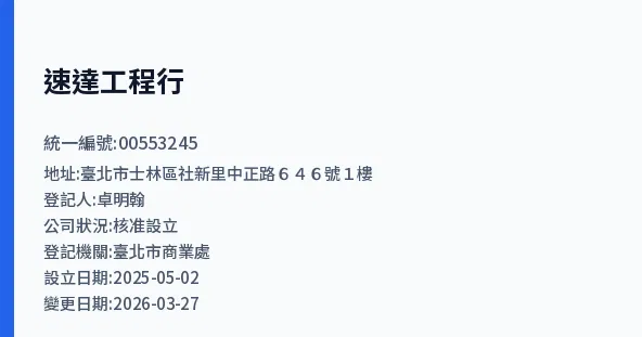 速達工程行的照片-統編 00553245(臺北市) 公司登記資料與營業項目詳細圖表