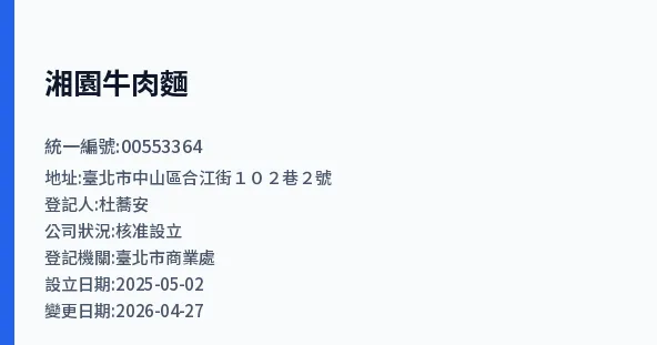 湘園牛肉麵的照片-統編 00553364(臺北市) 公司登記資料與營業項目詳細圖表
