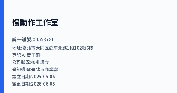 慢動作工作室的照片-統編 00553786(臺北市) 公司登記資料與營業項目詳細圖表