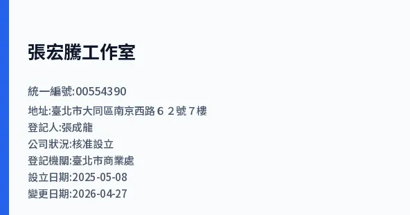 張宏騰工作室的照片-統編 00554390(臺北市) 公司登記資料與營業項目詳細圖表